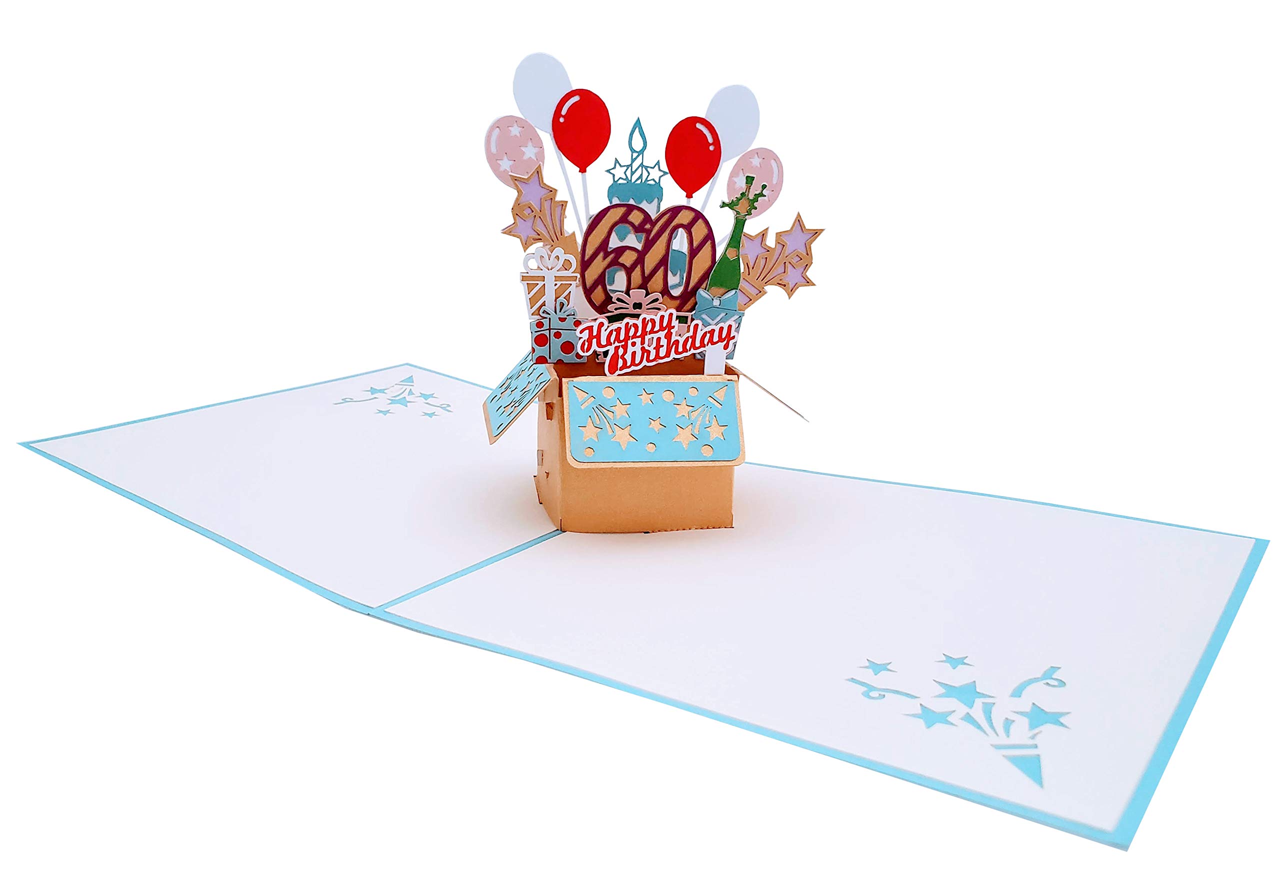 iGifts And Cards Happy 60th Blue Birthday Party Box 3D Pop Up Greeting Card – Sixty, Awesome, Balloons, Presents, Unique, Celebration, Feliz Cumpleaños, Fun