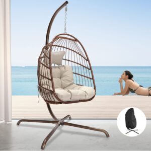 NICESOUL® Egg Chair Indoor Outdoor Patio Wicker Hanging Chair Swing Hammock Egg Shell Chairs UV Resistant Cushions 350lbs Capacity for Patio Backyard Balcony Brown with Cover