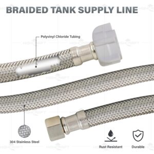 Highcraft 27416-NL-2 Toilet Connector, Braided Stainless Steel Hose Connects to Supply Line 3/8 Compression x 7/8 Female Ballcock Nut 16 Inch