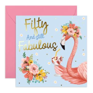 central 23 - cute 50th birthday card for her - 'fifty and still fabulous' - for women - fiftieth birthday cards for mom - pretty design - comes with fun stickers