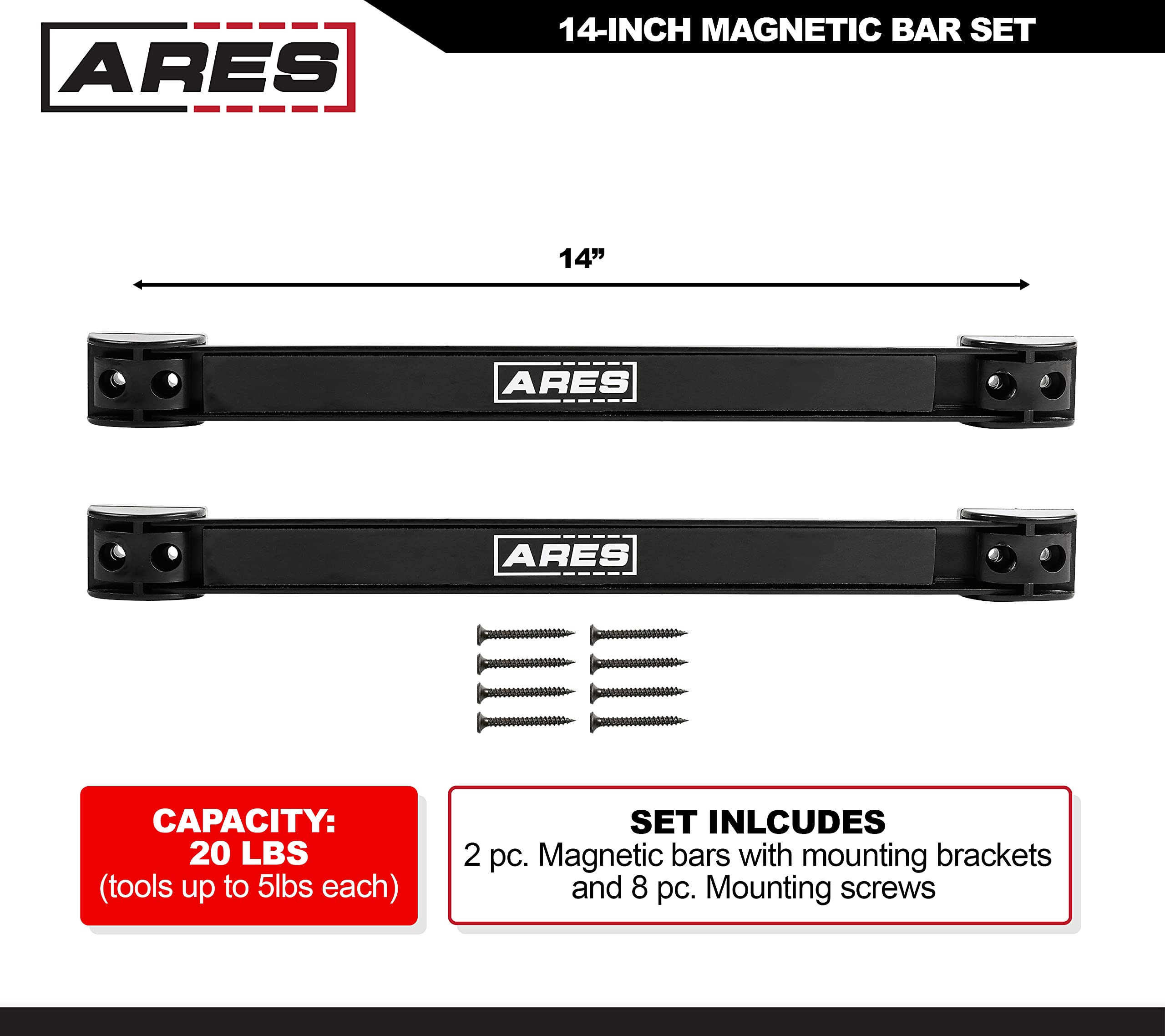 ARES 62014-2-Piece 14-Inch Magnetic Bar Set - Mounting Brackets and Screws Included - 20 lb Capacity Per Bar