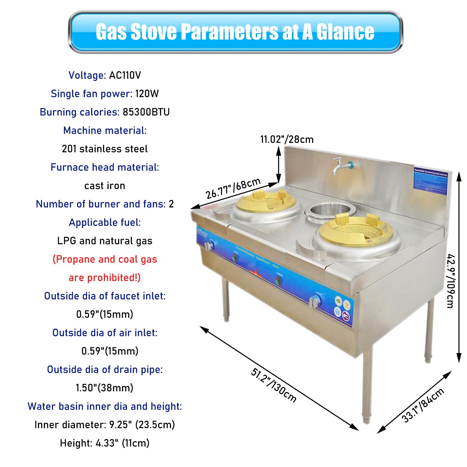 INTSUPERMAI Commercial Gas Stove Burner Double Burner Stove Double-Head Hot Stove Fierce Fire Stove Stainless Steel Chinese Wok Range Gas LPG 2 Wok Burner for Fast Food Equipment