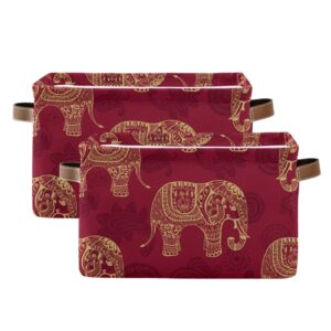 susiyo Foldable Storage Bins Large Collapsible Fabric Storage Baskets with Leather Handles Organizing Box for Shelves Home Bedroom Nursery Office 2 Pack，Indian Tribal Elephants