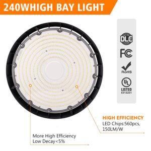 PATHBREAKER LED High Bay Light 240W UL&DLC Listed UFO High Bay LED Light 36000LM 0-10V Dimmable 6.6FT Cable&Plug 1000W MH/HPS Equiv.5000K Commercial Grade Pole Barn Warehouse Garage Shop Light