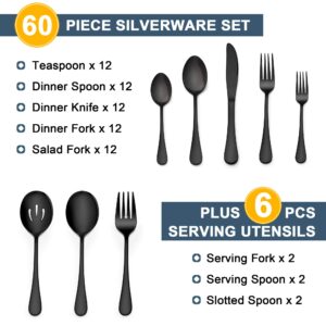 LIANYU 66-Piece Black Silverware Set with Serving Utensils, Stainless Steel Black Silverware Flatware Set for 8, Elegant Cutlery Tableware Includes Forks Spoons Knives, Dishwasher Safe