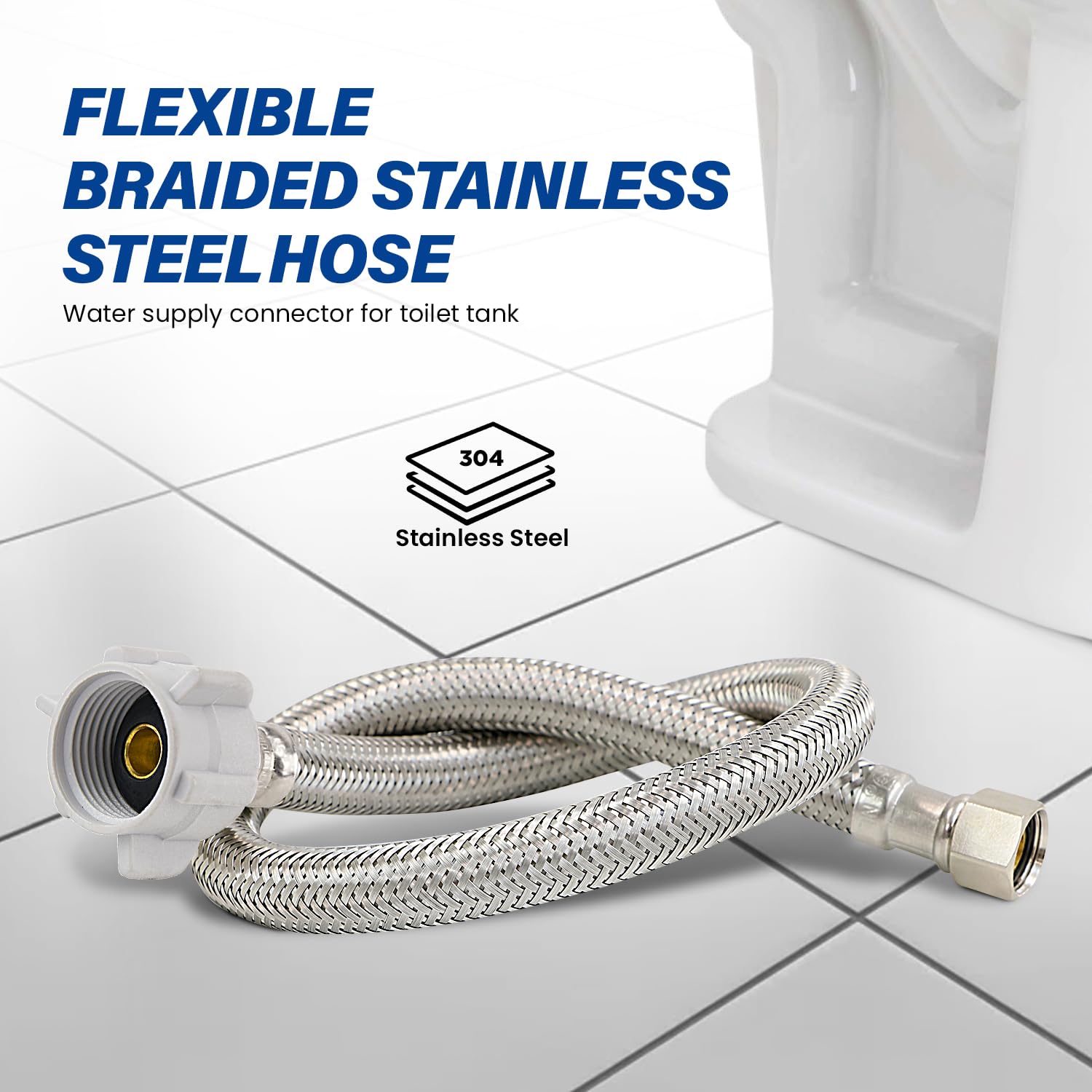 Highcraft 27416-NL-2 Toilet Connector, Braided Stainless Steel Hose Connects to Supply Line 3/8 Compression x 7/8 Female Ballcock Nut 16 Inch