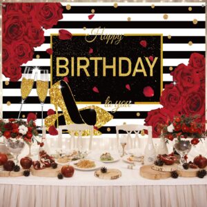 Women Birthday Decorations Happy Birthday Backdrop Photography Background Red Rose Birthday Party Decor Gold High Heels Champagne Glass Banner for 30th 40th 50th 60th Party Supplies, 6 x 3.6 ft