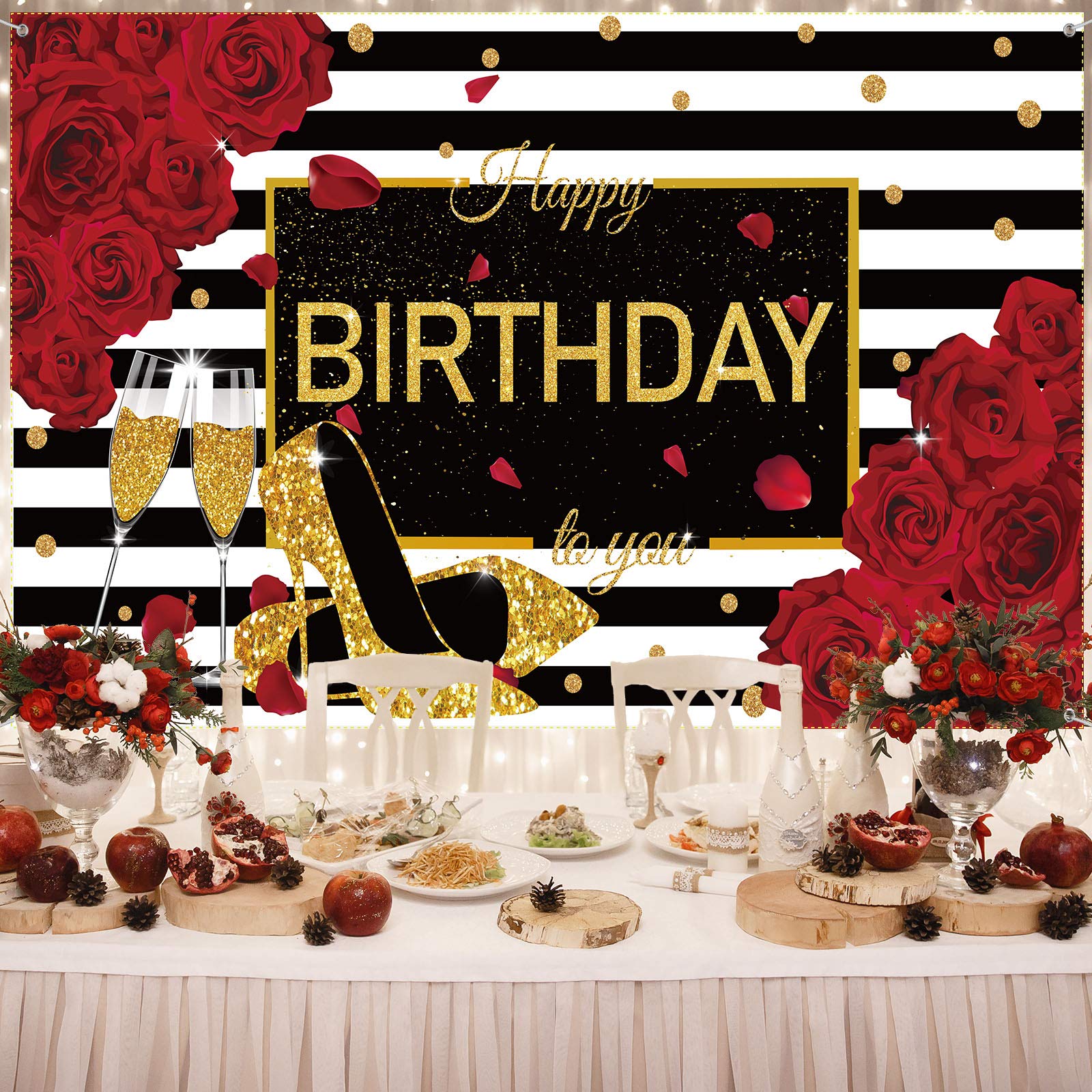 Women Birthday Decorations Happy Birthday Backdrop Photography Background Red Rose Birthday Party Decor Gold High Heels Champagne Glass Banner for 30th 40th 50th 60th Party Supplies, 6 x 3.6 ft