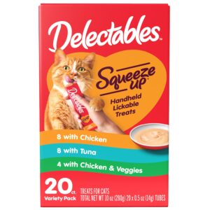 delectables squeeze up variety pack, creamy squeezable puree, lickable wet cat treats, grain free, no added fillers, no by-products, no added preservatives, 0.5 ounces tube, 20 tubes total