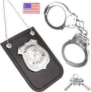 haptime police badge, american flag badge, toy handcuffs set for kids' cosplay, pretend play, school, birthdays - cop role play kit for classroom fun, party favors, and gifts