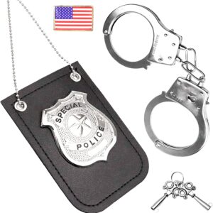 HAPTIME Police Badge, American Flag Badge, Toy Handcuffs Set for Kids' Cosplay, Pretend Play, School, Birthdays - Cop Role Play Kit for Classroom Fun, Party Favors, and Gifts