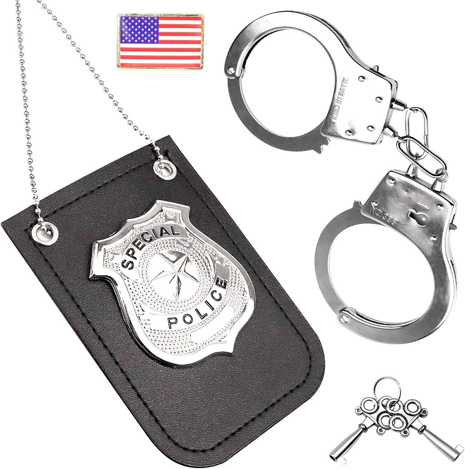 HAPTIME Police Badge, American Flag Badge, Toy Handcuffs Set for Kids' Cosplay, Pretend Play, School, Birthdays - Cop Role Play Kit for Classroom Fun, Party Favors, and Gifts