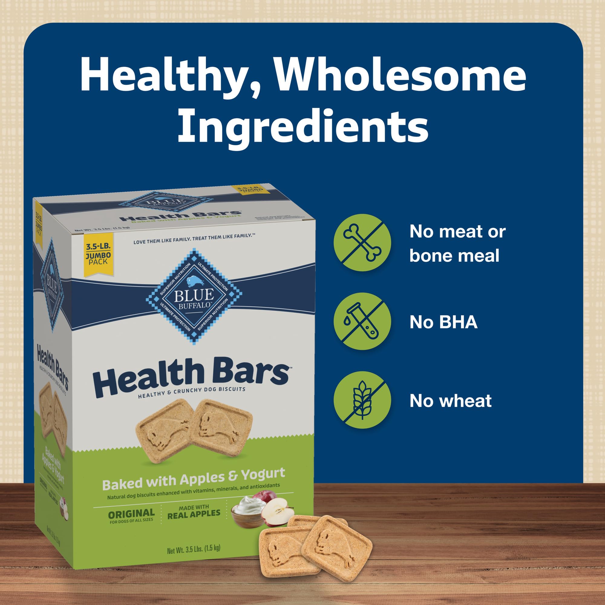 Blue Buffalo Health Bars Crunchy Dog Biscuits, Oven-Baked With Natural Ingredients, Apples & Yogurt, 3.5 lb Box