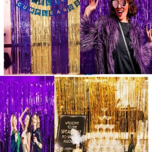 Graduation Decorations Purple Gold Black 2024/Birthday Decorations Purple Gold for Women/Foil Fringe Curtains Foil Curtains for Eid Mubarak Decorations/2024 Graduation Party Decorations