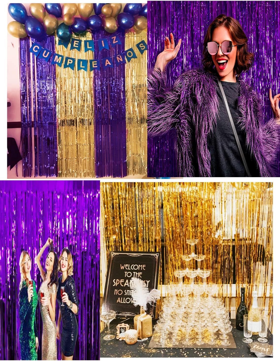 Graduation Decorations Purple Gold Black 2024/Birthday Decorations Purple Gold for Women/Foil Fringe Curtains Foil Curtains for Eid Mubarak Decorations/2024 Graduation Party Decorations