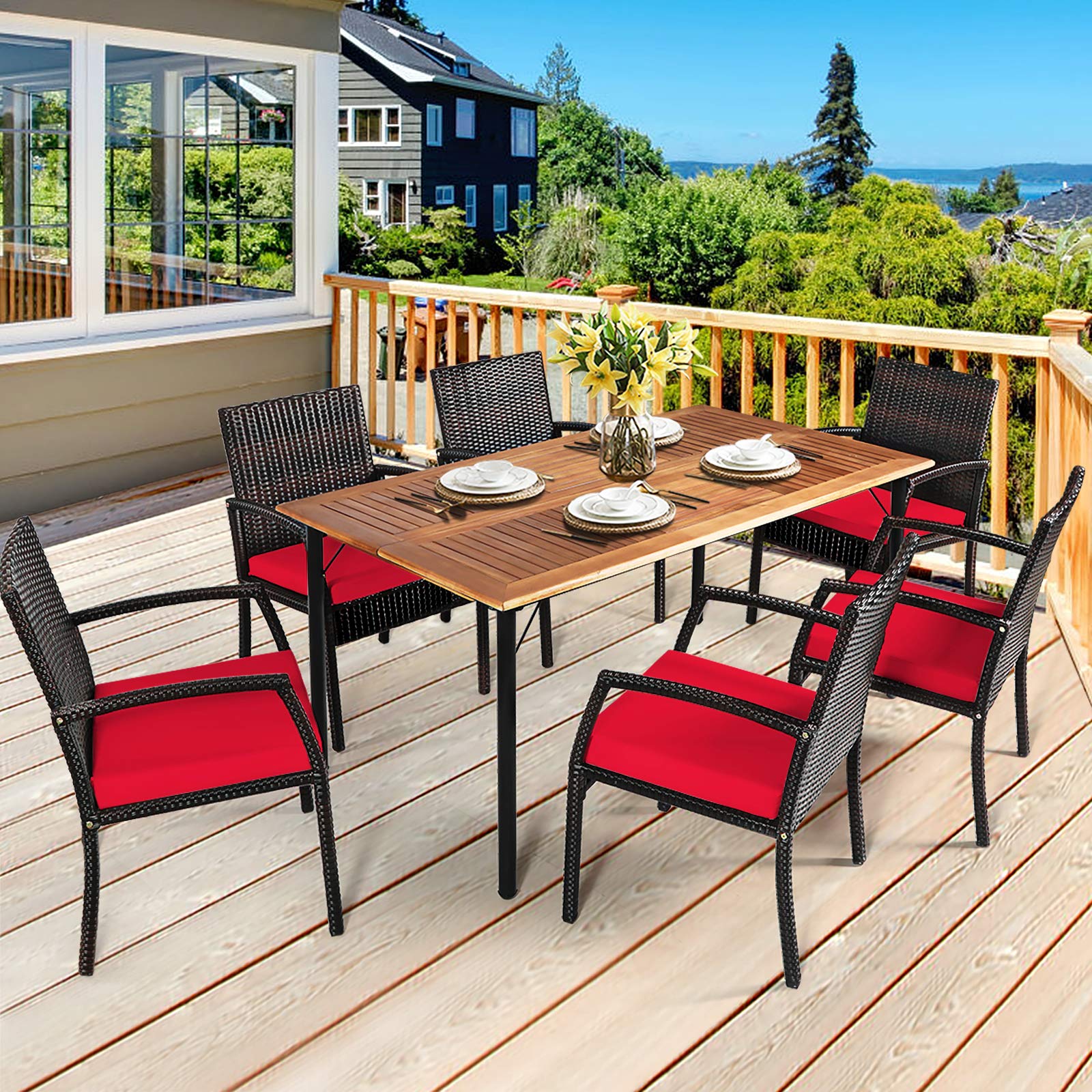 HAPPYGRILL 7 Pieces Patio Dining Set Outdoor Furniture Rattan Wicker Dining Set with Umbrella Hole, Powder Coated Steel Frame, Acacia Wood Dining Table and Armchairs with Removable Cushions