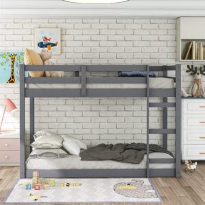 Low Bunk Beds Twin Over Twin, Wood Twin Bunk Bed Frame with Safety Rail Ladder for Kids Bedroom, Gray Loft Bed for Boys Girls Toddlers