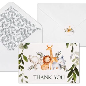 50 pack jungle safari greenery thank you cards, cute thank you notes with envelopes & stickers, baby shower, birthday any occasion large size 4x6 gratitude for party, children stationery