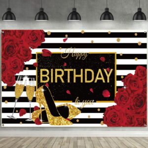 women birthday decorations happy birthday backdrop photography background red rose birthday party decor gold high heels champagne glass banner for 30th 40th 50th 60th party supplies, 6 x 3.6 ft