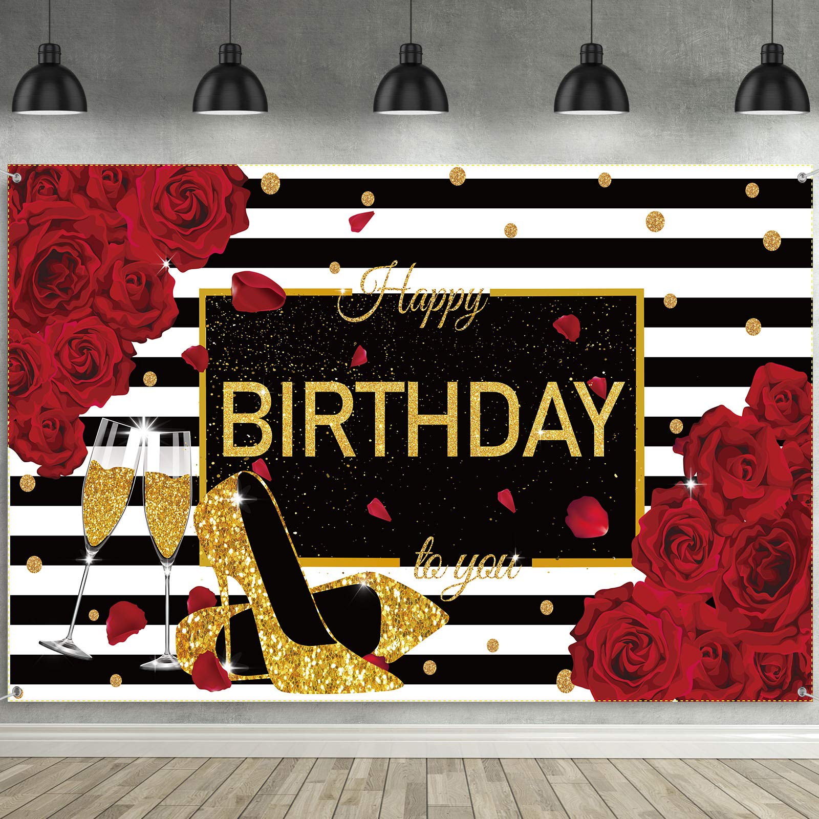 Women Birthday Decorations Happy Birthday Backdrop Photography Background Red Rose Birthday Party Decor Gold High Heels Champagne Glass Banner for 30th 40th 50th 60th Party Supplies, 6 x 3.6 ft