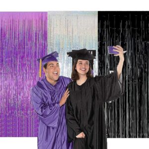 Graduation Party Decorations Purple Silver Black 2024/Purple Black Graduation Decorations 2024/Birthday Decorations for Women Purple Silver Black Foil Fringe Curtains