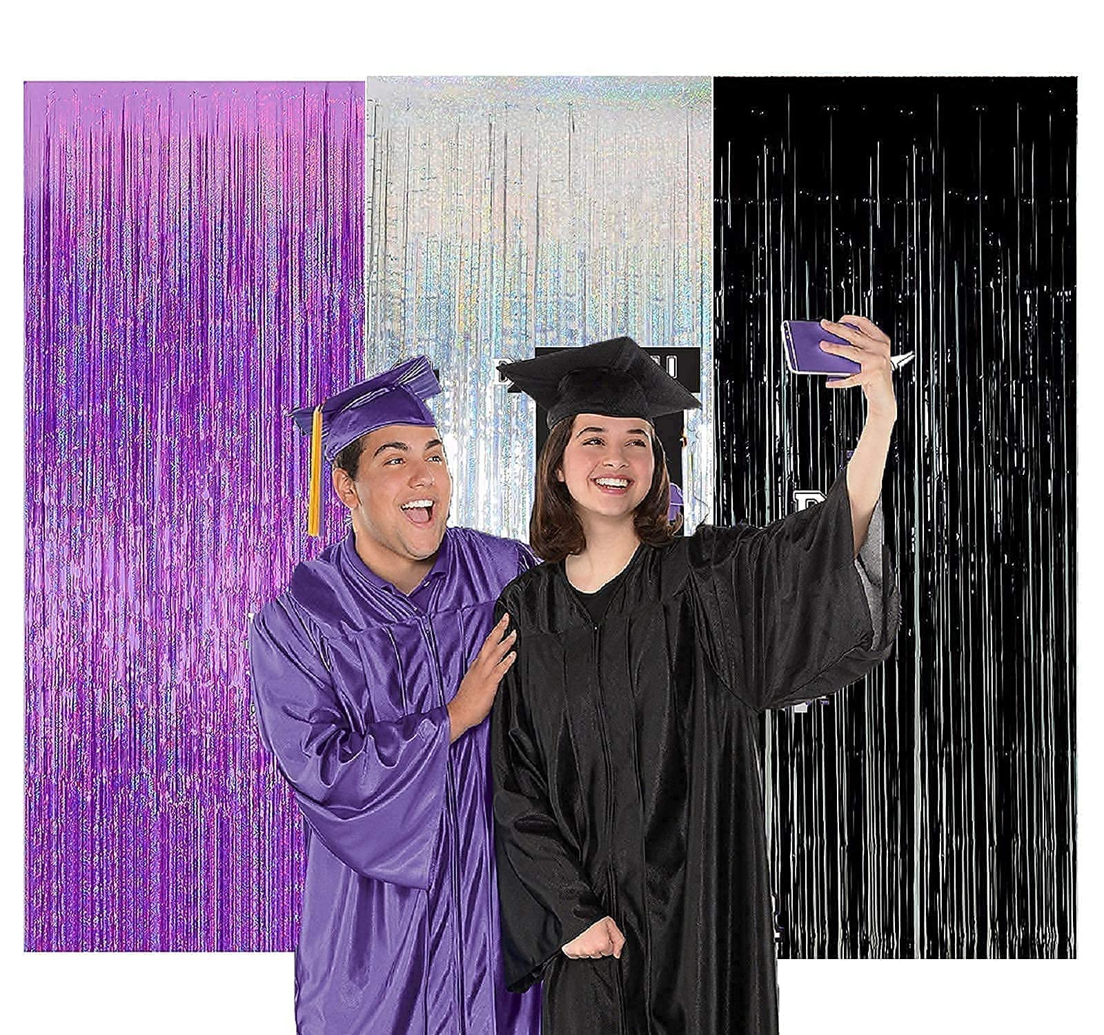 Graduation Party Decorations Purple Silver Black 2024/Purple Black Graduation Decorations 2024/Birthday Decorations for Women Purple Silver Black Foil Fringe Curtains