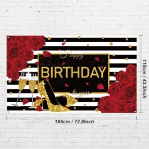 Women Birthday Decorations Happy Birthday Backdrop Photography Background Red Rose Birthday Party Decor Gold High Heels Champagne Glass Banner for 30th 40th 50th 60th Party Supplies, 6 x 3.6 ft