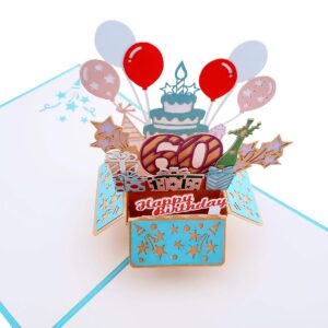 iGifts And Cards Happy 60th Blue Birthday Party Box 3D Pop Up Greeting Card – Sixty, Awesome, Balloons, Presents, Unique, Celebration, Feliz Cumpleaños, Fun