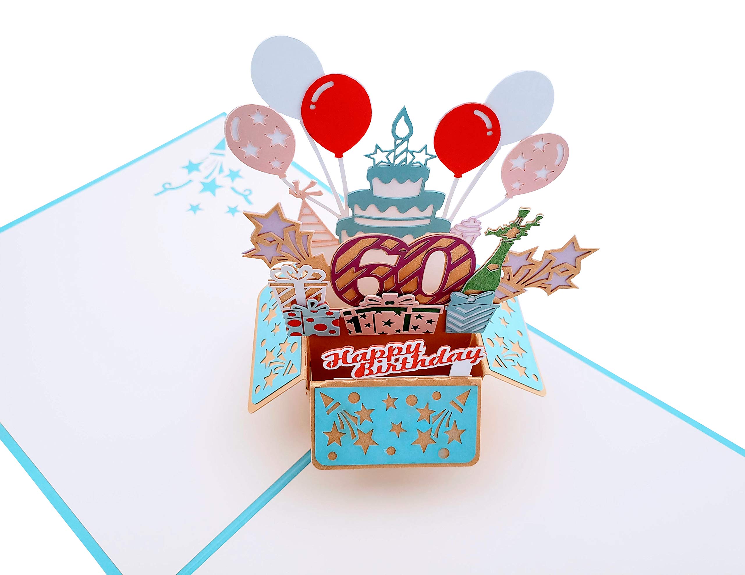 iGifts And Cards Happy 60th Blue Birthday Party Box 3D Pop Up Greeting Card – Sixty, Awesome, Balloons, Presents, Unique, Celebration, Feliz Cumpleaños, Fun