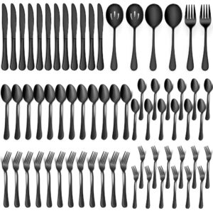 lianyu 66-piece black silverware set with serving utensils, stainless steel black silverware flatware set for 8, elegant cutlery tableware includes forks spoons knives, dishwasher safe