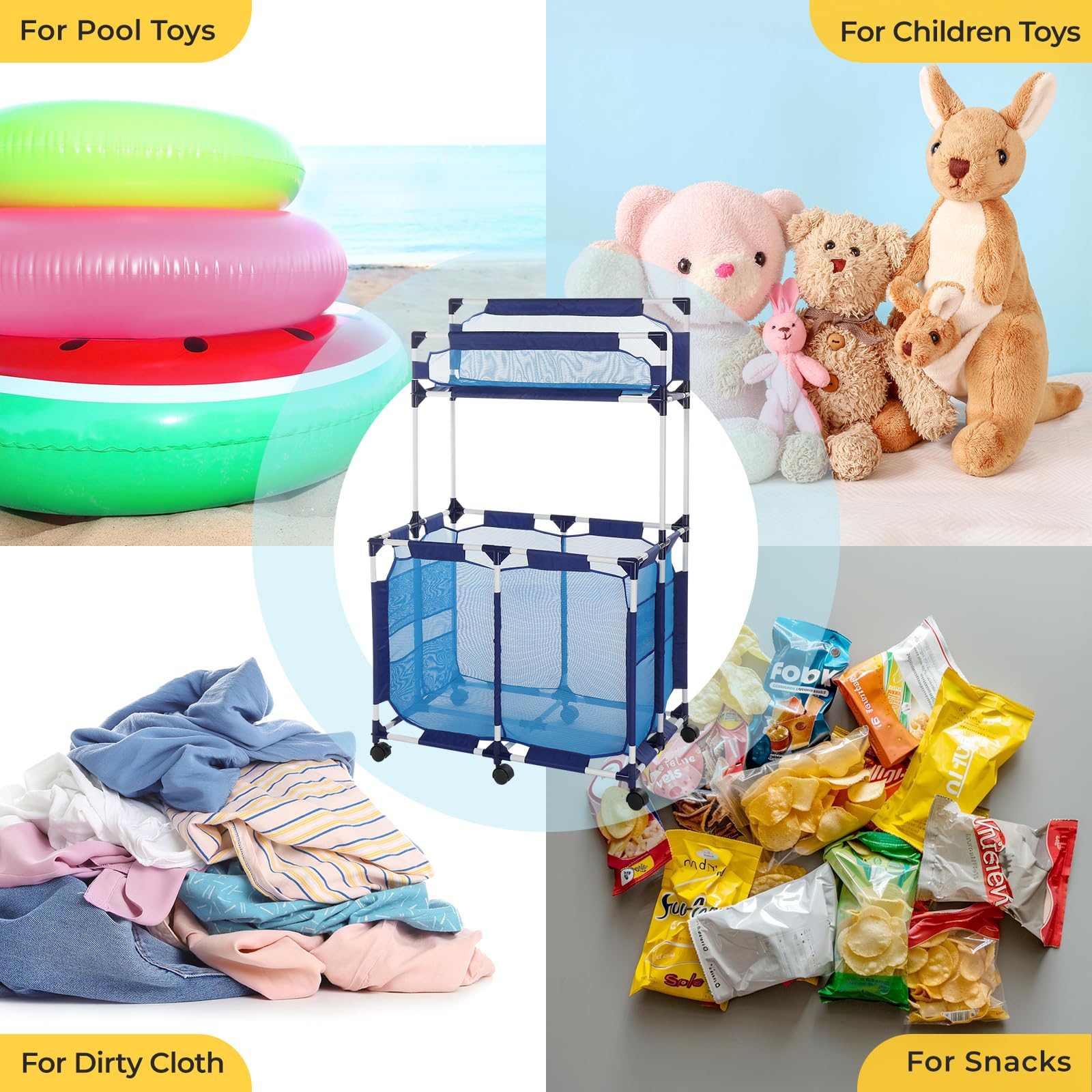 VINGLI Pool Storage Organizer Bin Rolling Poolside Mesh Container Pool Float Storage for Home Garage, Shed, Children Playroom or Pool Toys (47x30x34in)