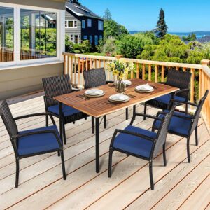 HAPPYGRILL 7 Pieces Patio Dining Set Outdoor Furniture Rattan Wicker Dining Set with Umbrella Hole, Powder Coated Steel Frame, Acacia Wood Dining Table and Armchairs with Removable Cushions