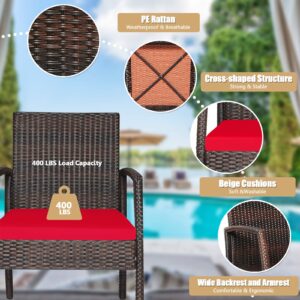 HAPPYGRILL 7 Pieces Patio Dining Set Outdoor Furniture Rattan Wicker Dining Set with Umbrella Hole, Powder Coated Steel Frame, Acacia Wood Dining Table and Armchairs with Removable Cushions