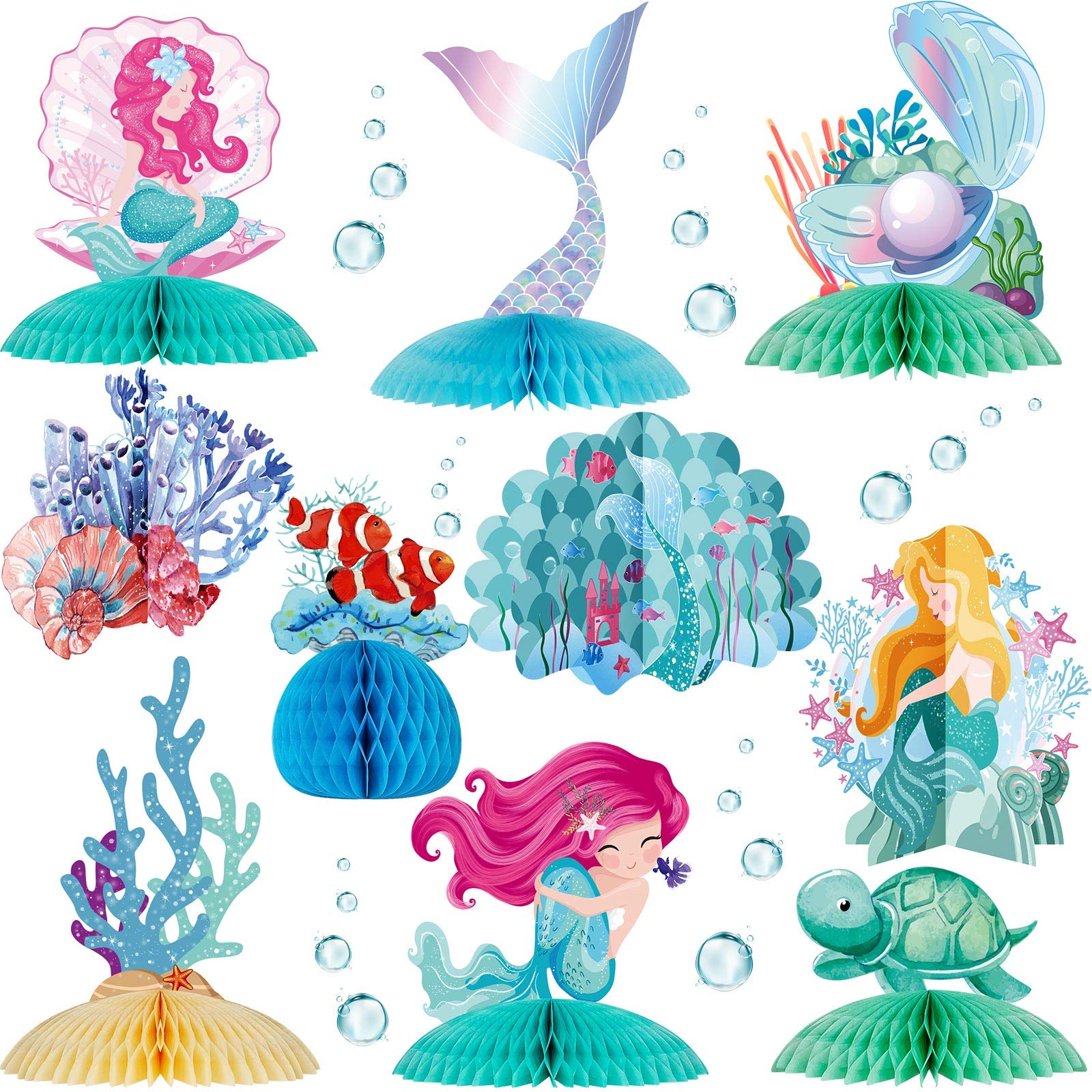 10 Pieces Mermaid Table Decorations Mermaid Honeycomb Centerpieces Ocean Sea Animal Honeycomb Centerpiece Under The Sea Party Decoration Supplies for Mermaid Theme Birthday Baby Shower Wedding Party