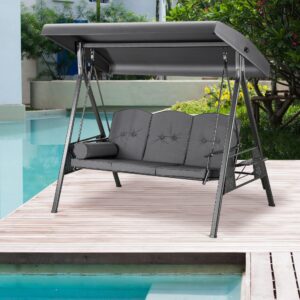 pamapic 3-seat outdoor patio swing chair with weather resistant steel frame, adjustable canopy removable cushion and pillow for backyard, garden, porch, poolside, balcony(gray)