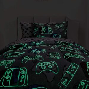 Kids Rule 2 Piece Gamer Glow in The Dark Comforter Set, Game Controllers Print, Blue, Grey - Twin (GMR2CMFST)