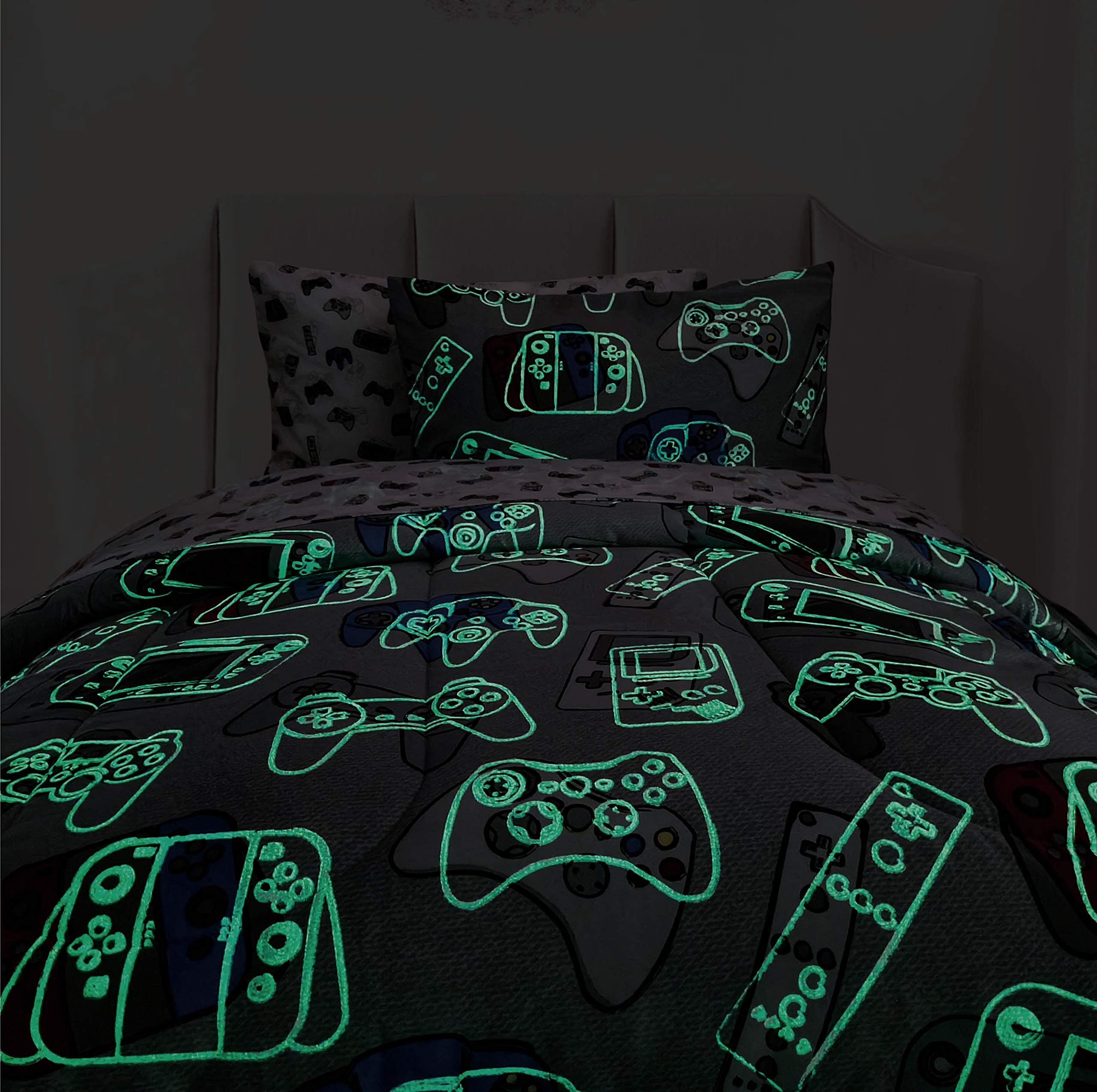 Kids Rule 2 Piece Gamer Glow in The Dark Comforter Set, Game Controllers Print, Blue, Grey - Twin (GMR2CMFST)