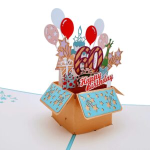 iGifts And Cards Happy 60th Blue Birthday Party Box 3D Pop Up Greeting Card – Sixty, Awesome, Balloons, Presents, Unique, Celebration, Feliz Cumpleaños, Fun