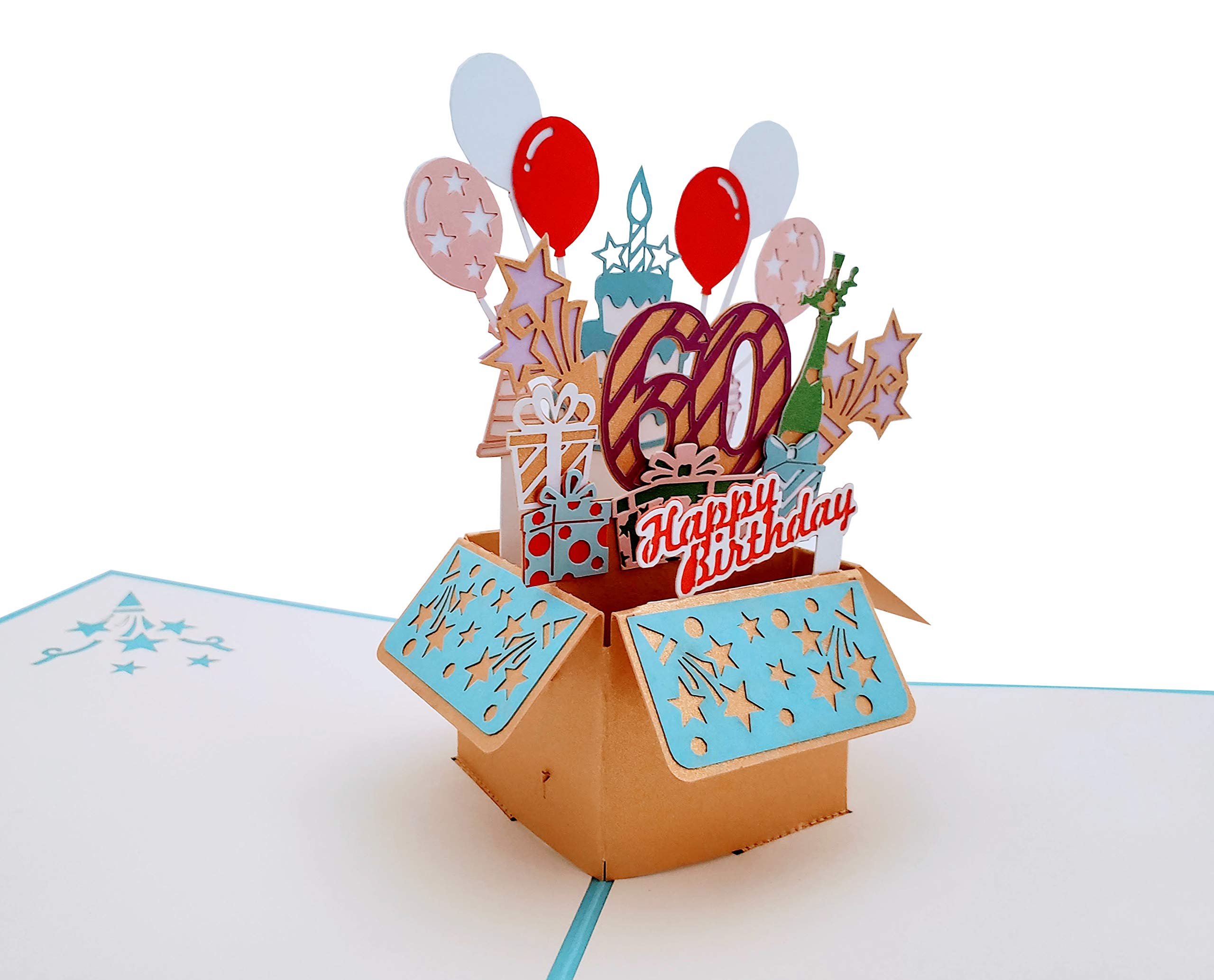 iGifts And Cards Happy 60th Blue Birthday Party Box 3D Pop Up Greeting Card – Sixty, Awesome, Balloons, Presents, Unique, Celebration, Feliz Cumpleaños, Fun