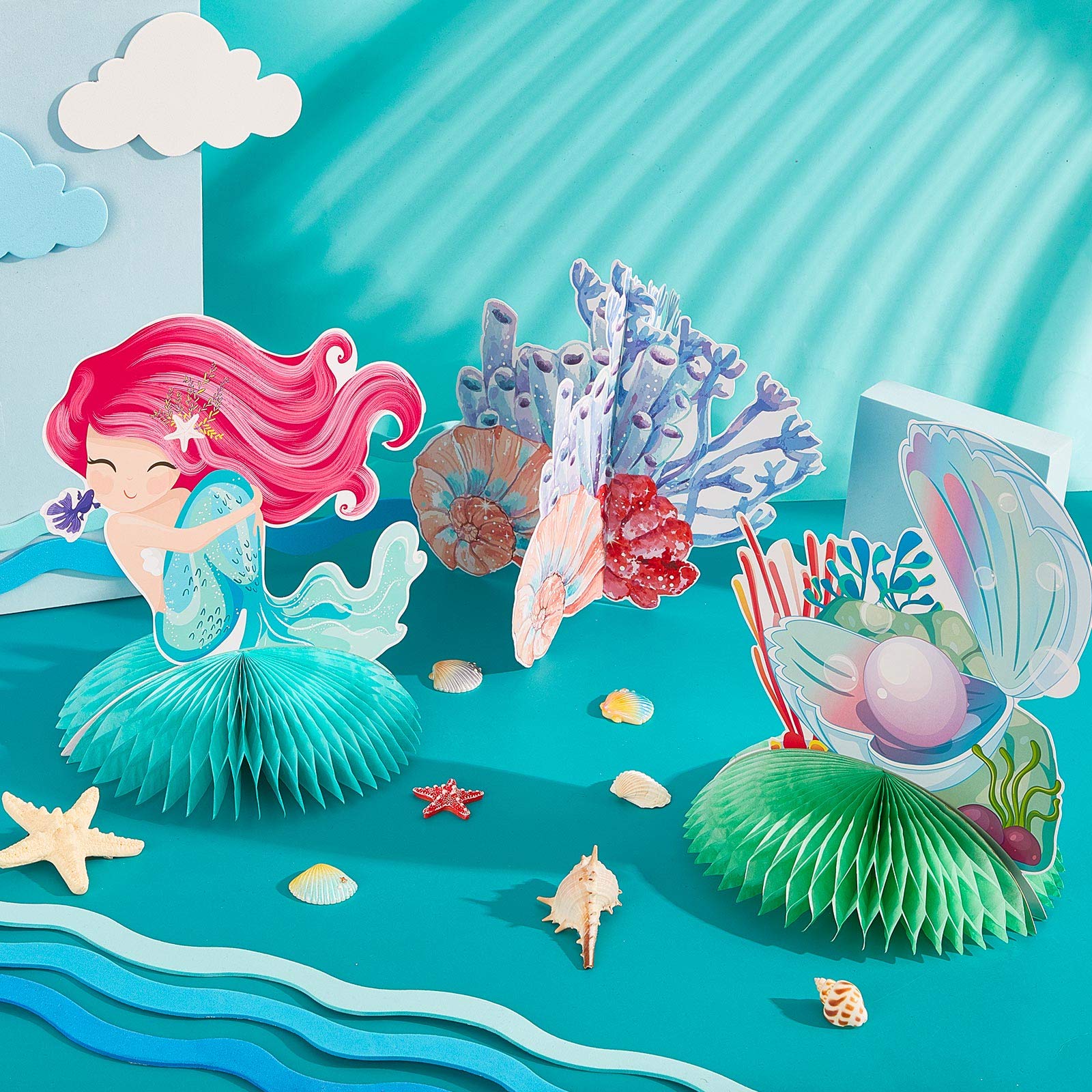 10 Pieces Mermaid Table Decorations Mermaid Honeycomb Centerpieces Ocean Sea Animal Honeycomb Centerpiece Under The Sea Party Decoration Supplies for Mermaid Theme Birthday Baby Shower Wedding Party