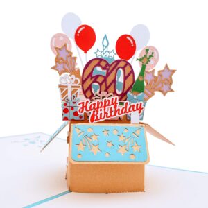 iGifts And Cards Happy 60th Blue Birthday Party Box 3D Pop Up Greeting Card – Sixty, Awesome, Balloons, Presents, Unique, Celebration, Feliz Cumpleaños, Fun