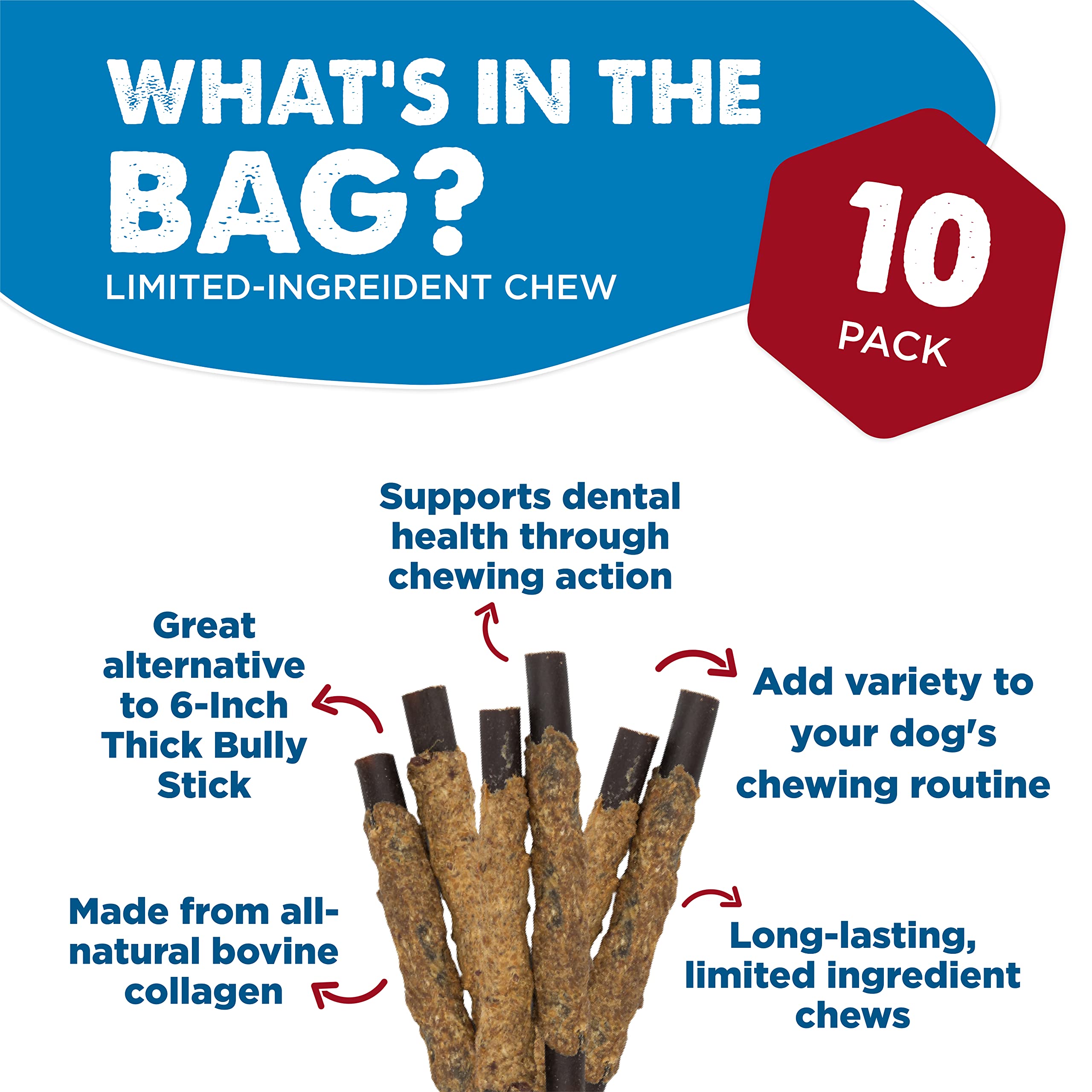 Best Bully Sticks All Natural Dog Chews - 6 Inch Beef Wrapped Beef Collagen Sticks - USA Baked & Packed - Easily digestible, Limited Ingredient, Rawhide Alternative Dog Chew - 10 Pack