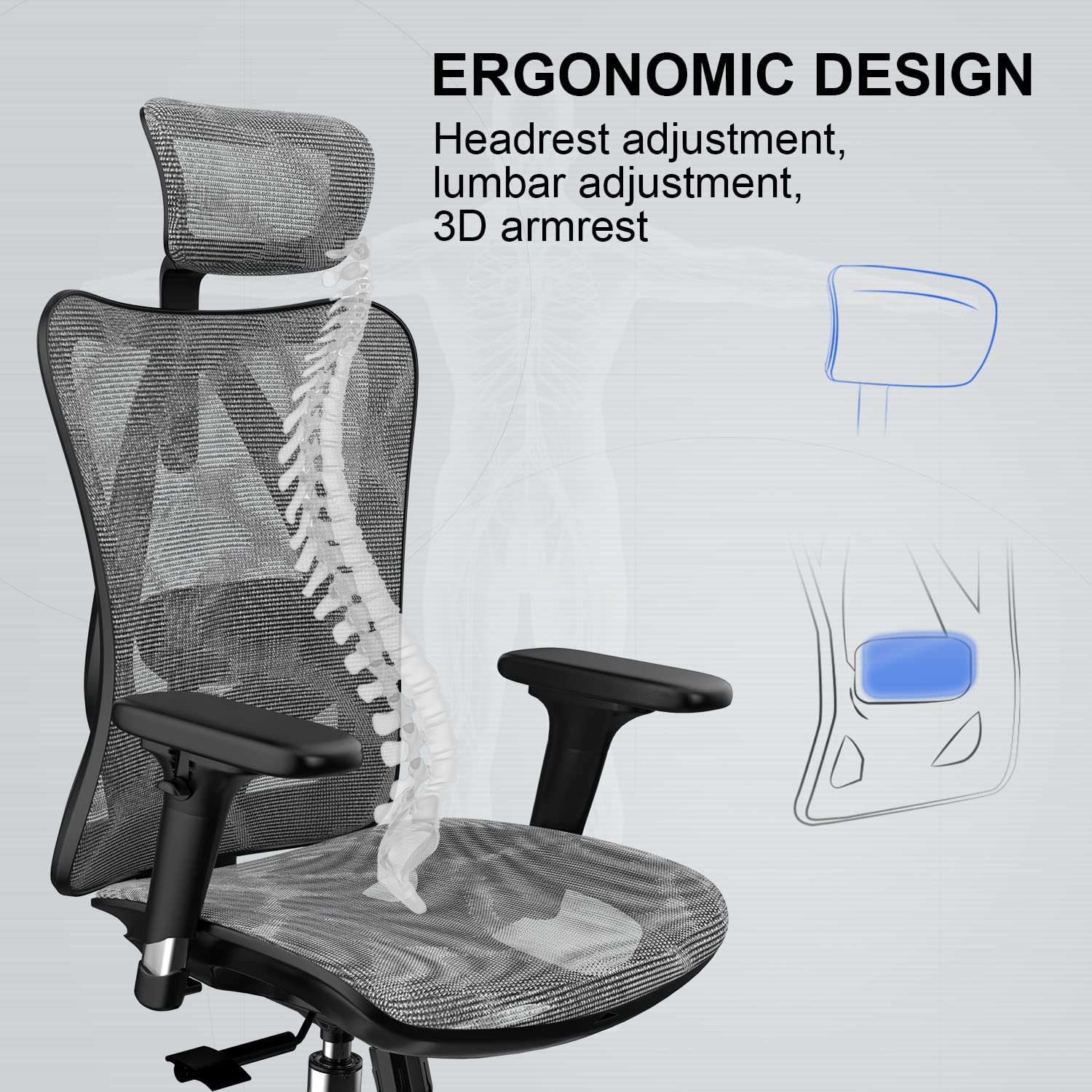 SIHOO M57 Ergonomic Office Chair with 3 Way Armrests Lumbar Support and Adjustable Headrest High Back Tilt Function Grey