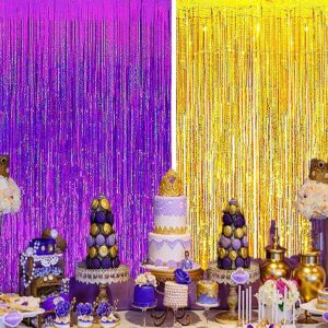 Graduation Decorations Purple Gold Black 2024/Birthday Decorations Purple Gold for Women/Foil Fringe Curtains Foil Curtains for Eid Mubarak Decorations/2024 Graduation Party Decorations