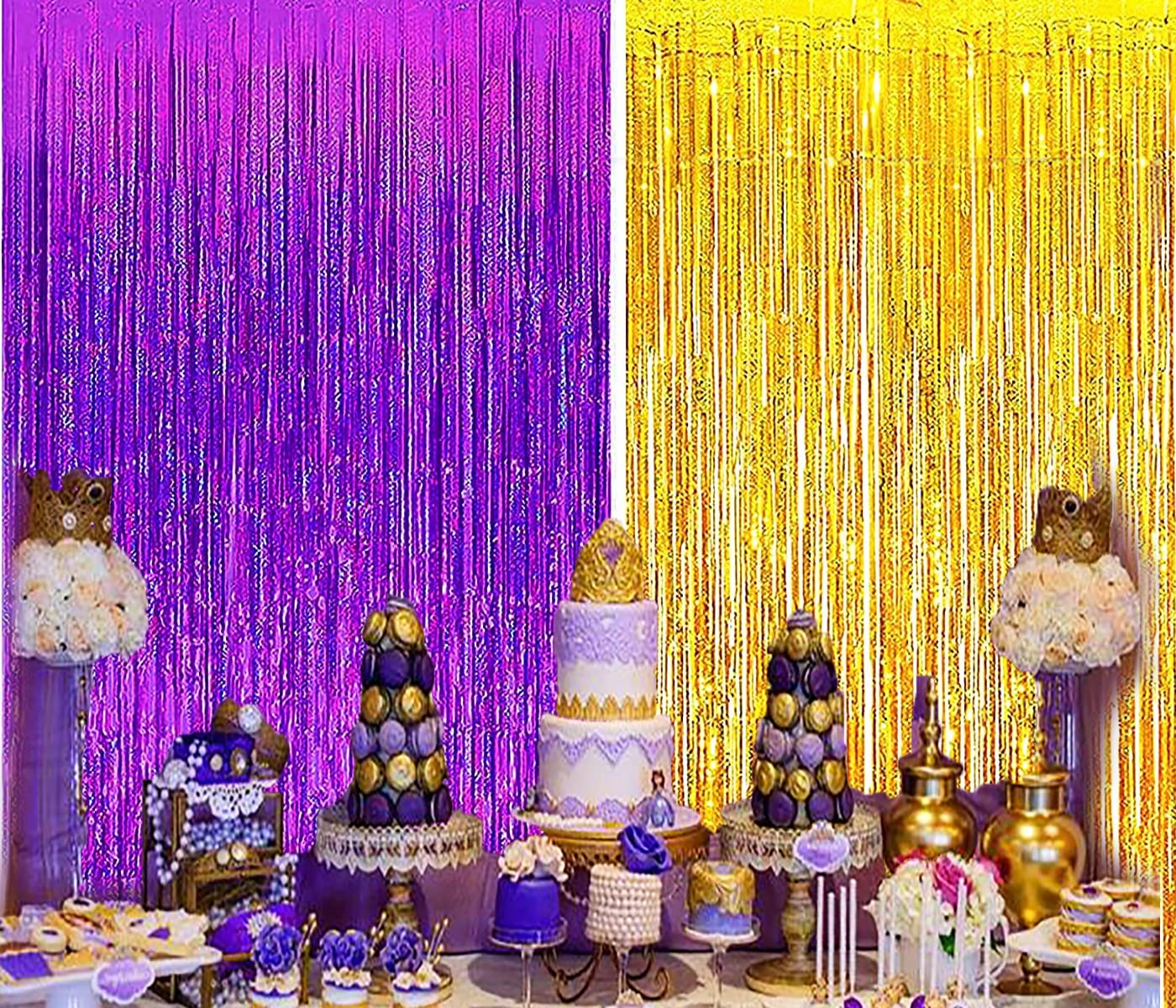 Graduation Decorations Purple Gold Black 2024/Birthday Decorations Purple Gold for Women/Foil Fringe Curtains Foil Curtains for Eid Mubarak Decorations/2024 Graduation Party Decorations