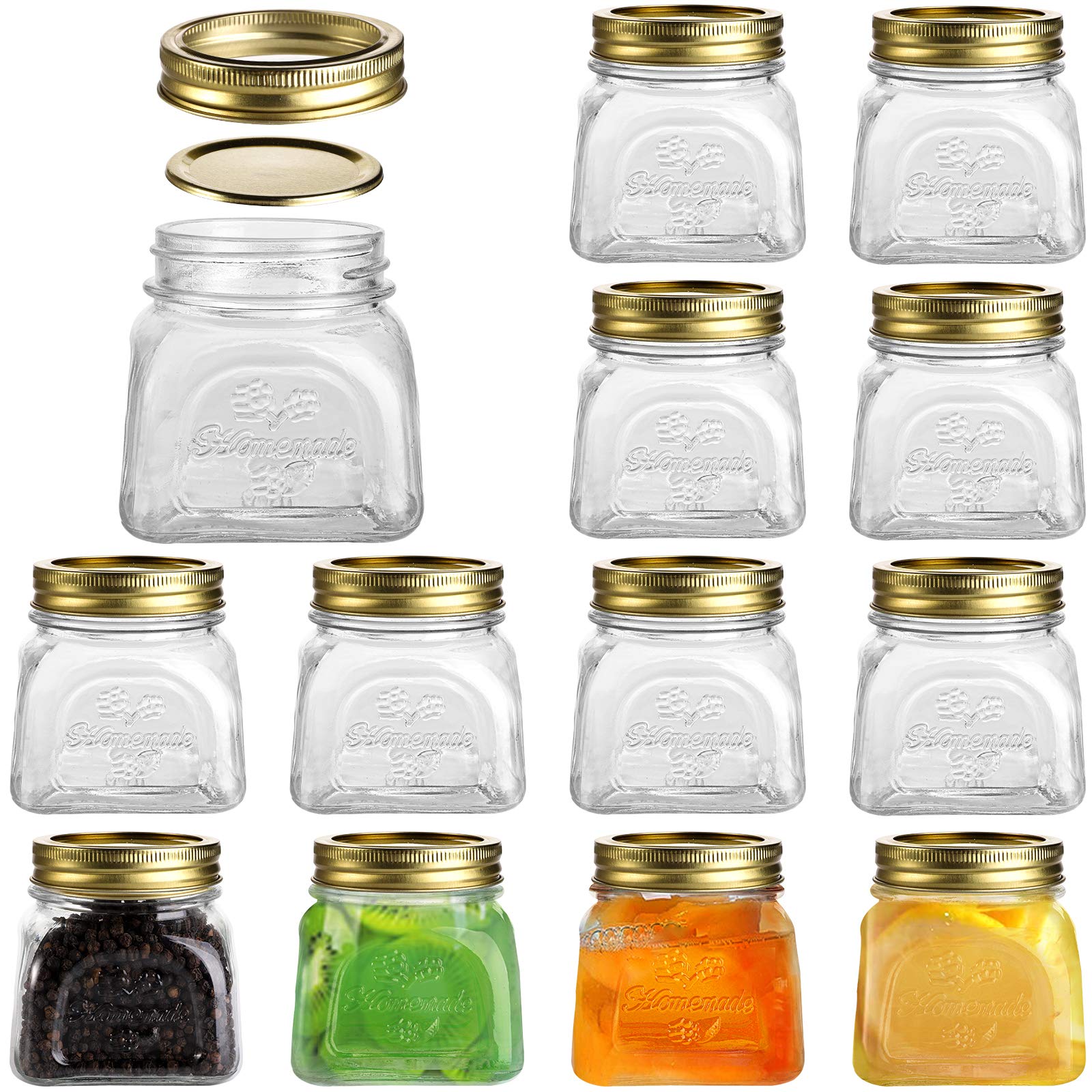 Cedilis 12 Pack 10OZ Airtight Mason Jars, Small Glass Jars with Gold Metal Lids and Bands, Canning Jars Jelly Jars Decorative Jars for Honey, Meal Prep, Jam, Spices, Shower Favors, Wedding favors