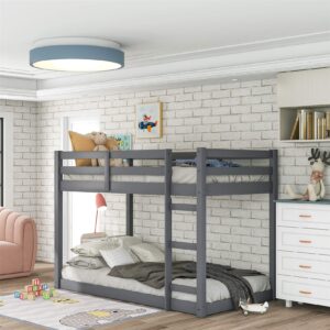 low bunk beds twin over twin, wood twin bunk bed frame with safety rail ladder for kids bedroom, gray loft bed for boys girls toddlers