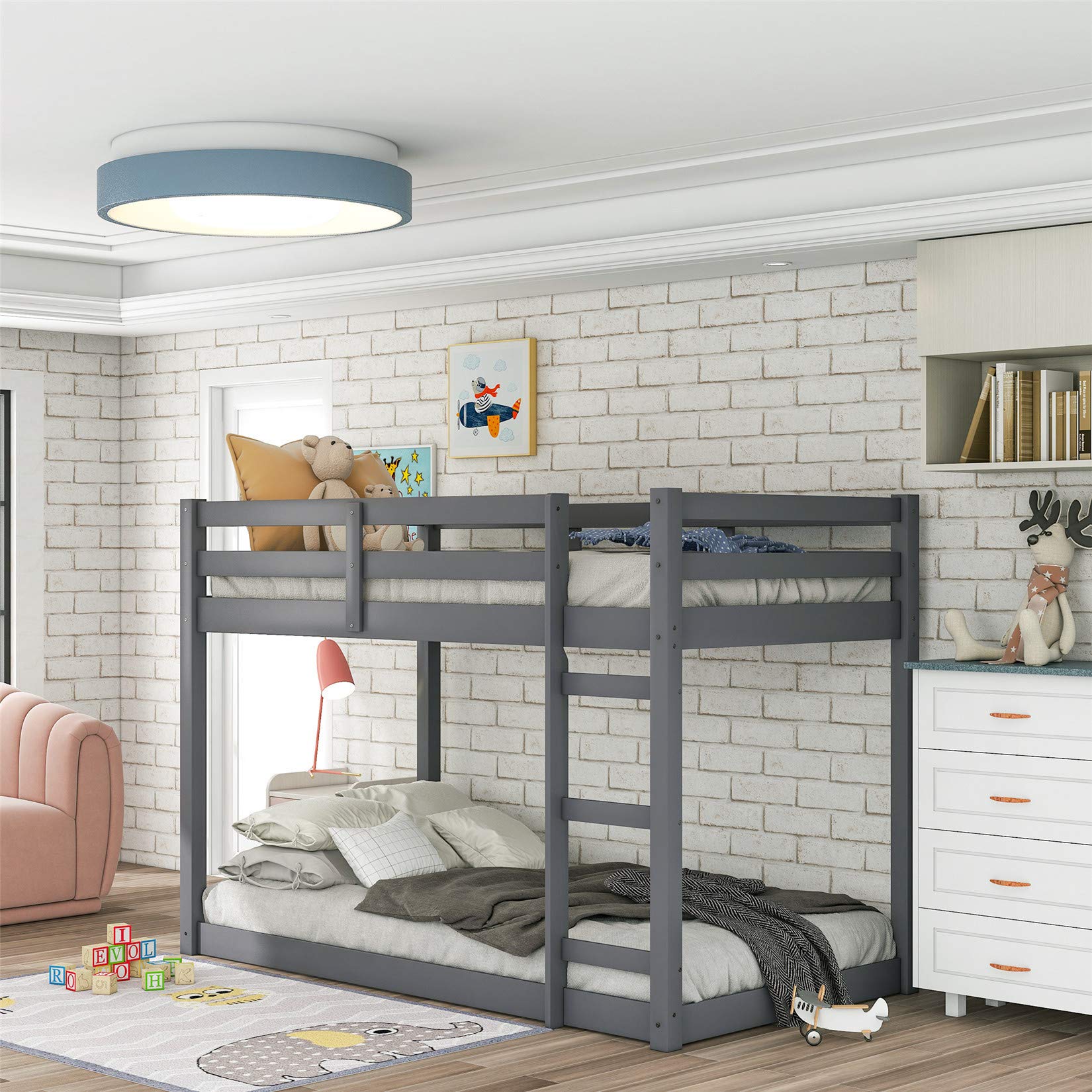 Low Bunk Beds Twin Over Twin, Wood Twin Bunk Bed Frame with Safety Rail Ladder for Kids Bedroom, Gray Loft Bed for Boys Girls Toddlers