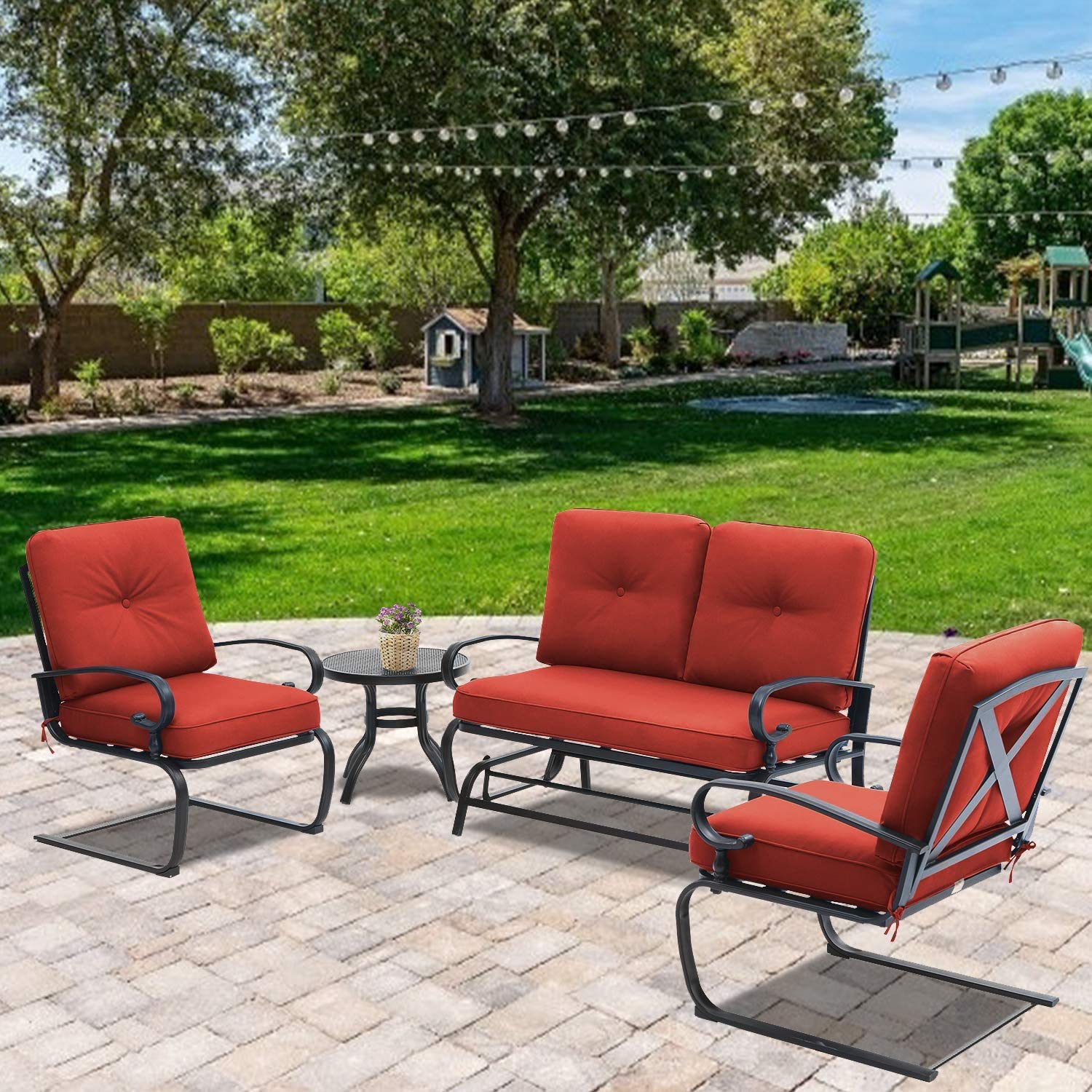 Crownland Outdoor Furniture Patio Conversation Set (Loveseat, Coffee Table, 2 Spring Chair) Metal Frame Wrought Iron Look with Cushions (Red)