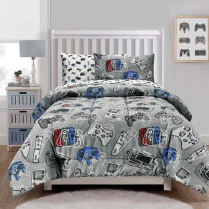 Kids Rule 2 Piece Gamer Glow in The Dark Comforter Set, Game Controllers Print, Blue, Grey - Twin (GMR2CMFST)